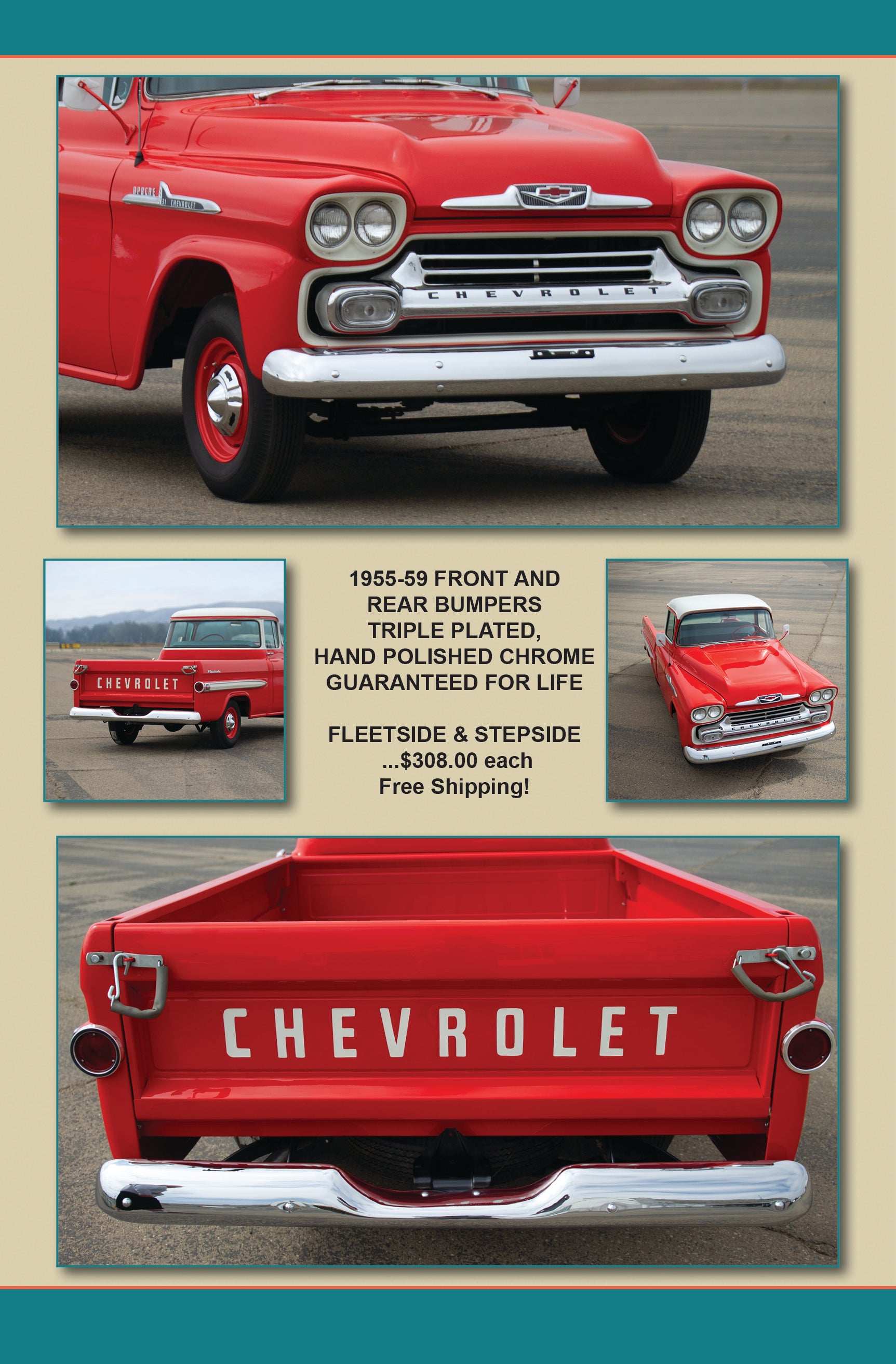 1955 - 1959 FRONT AND REAR CHROME FLEETSIDE BUMPERS – Quality Classic Parts